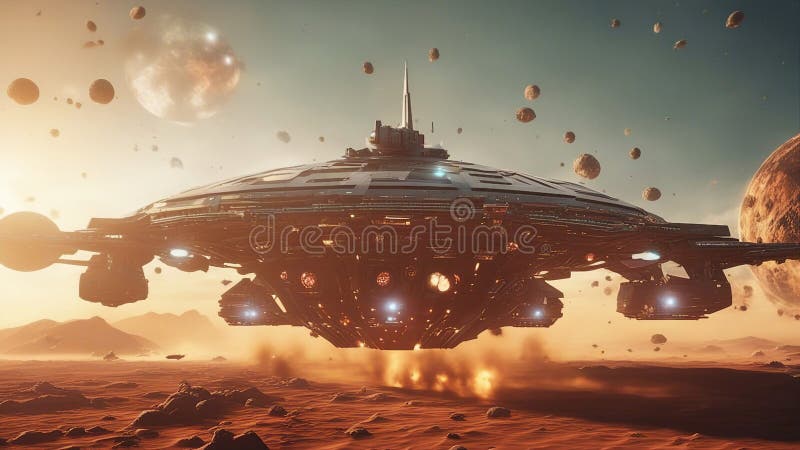 Ufo in the Night Near Exploding Sun Futuristic Sci Fi Battle Space ...