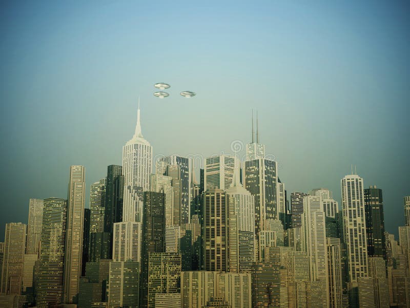 Ufo over the city stock illustration. Illustration of metropolis - 21909953