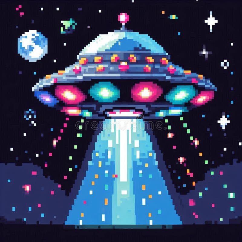 UFO Plane Poster, Pixel Art Stock Illustration - Illustration of circle ...