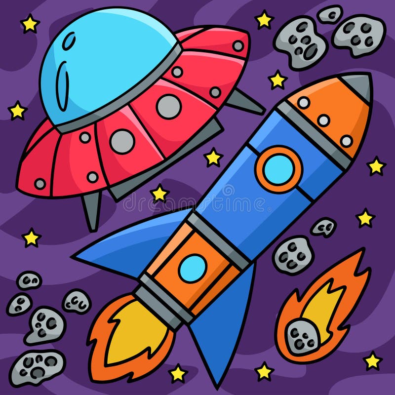 UFO and Rocket Ship in Space Colored Cartoon Stock Vector ...