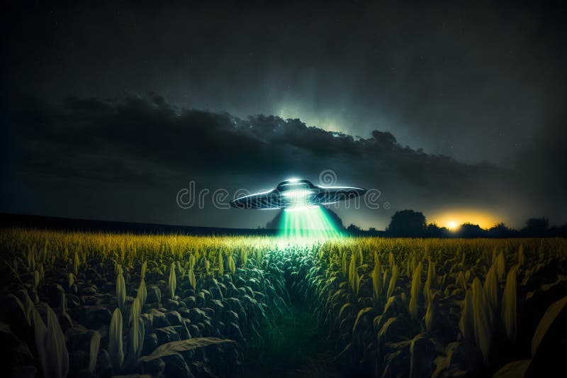 UFO Saucer Hovering Over Corn Field at Starry Night with Wide Beam of ...