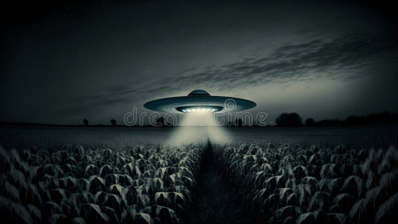 UFO Hovering Over a Farm House. Beam Me Up. Alien Abduction Stock ...