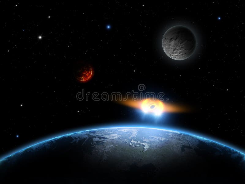UFO Space Scene with Earth, Moon, Stars and Planet Stock Illustration ...