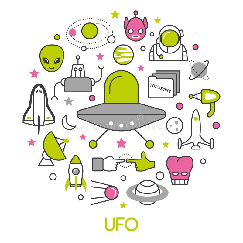 UFO and Space Thin Line Icons Set with Aliens and Flying Saucer Stock ...