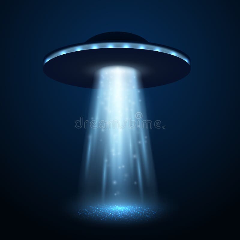 UFO Spaceship with Light Beam on Blue Background. Vector Stock Vector ...