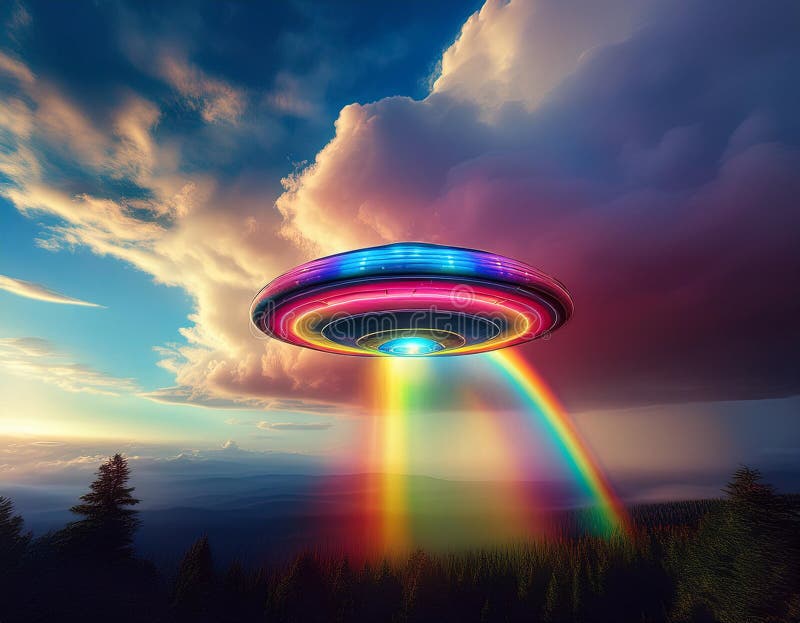 UFO Spotted Behind Wispy Clouds with a Vibrant Rainbow Arc Stock Illustration - Illustration of ...