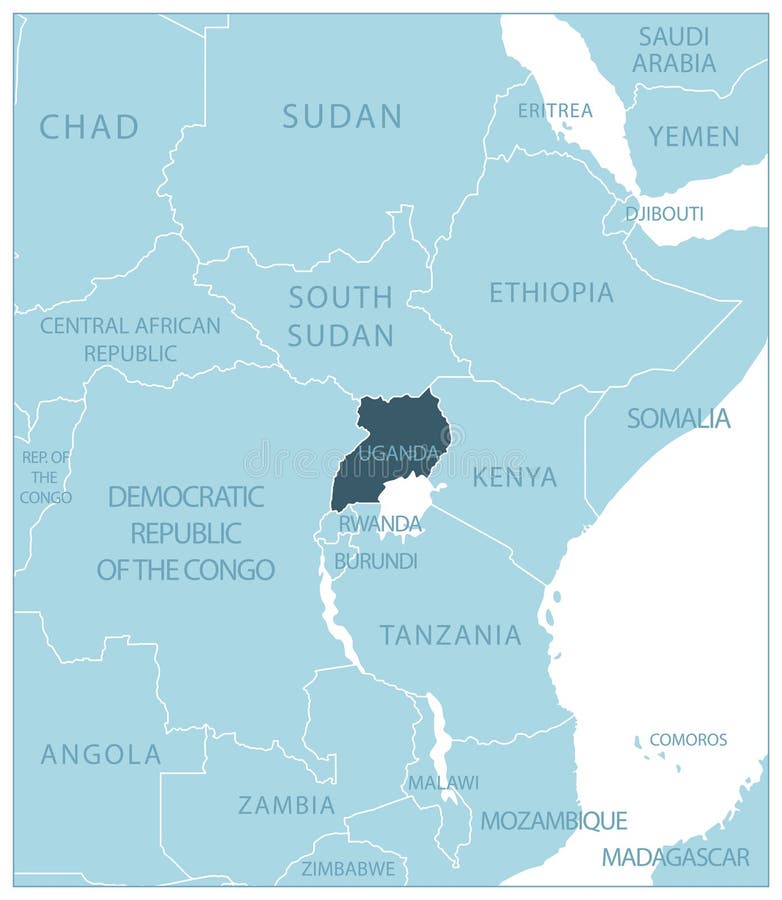 Uganda - Blue Map with Neighboring Countries and Names Stock ...