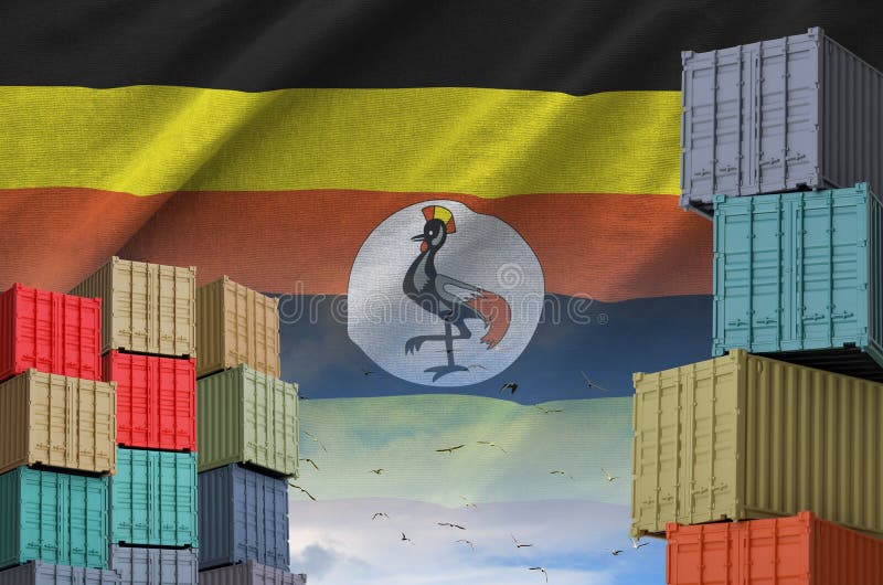 Uganda Flag and Big Stack of Shipping Cargo Containers in Docks with ...