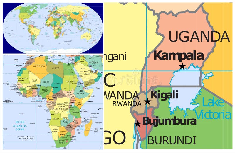 Mapa De Uganda Em Um Mapa Do Mundo Com O Ponteiro Da Bandeira E Do Mapa ...