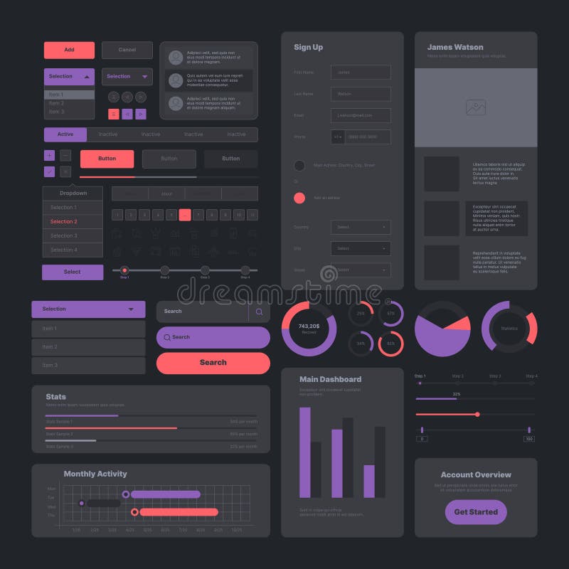 Ui Dark. Web Design Pages Layout User Icons Buttons Dividers Navigate ...