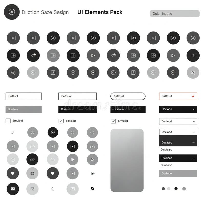 UI Design Elements Pack Featuring Circular Icons and Rectangular Buttons in Grayscale. Stock ...