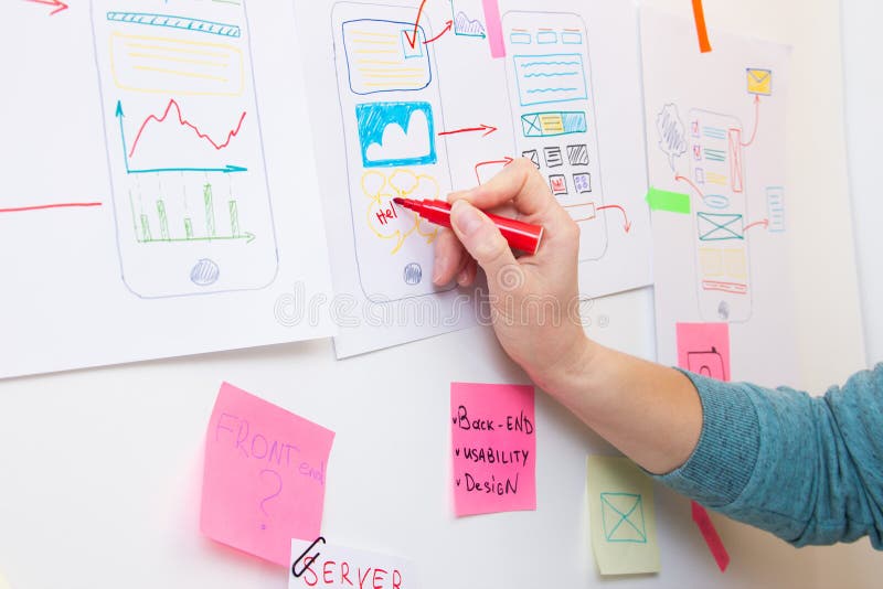 Ui Designer Drawing on Paper Structure of App Stock Photo - Image of ...