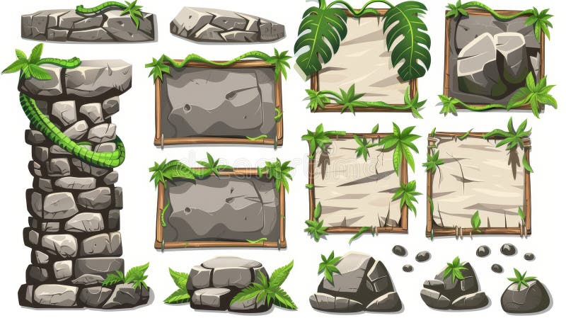 UI Elements with Jungle Leaves and Vines - Cartoon Game User Interface Design Buttons, Menu ...