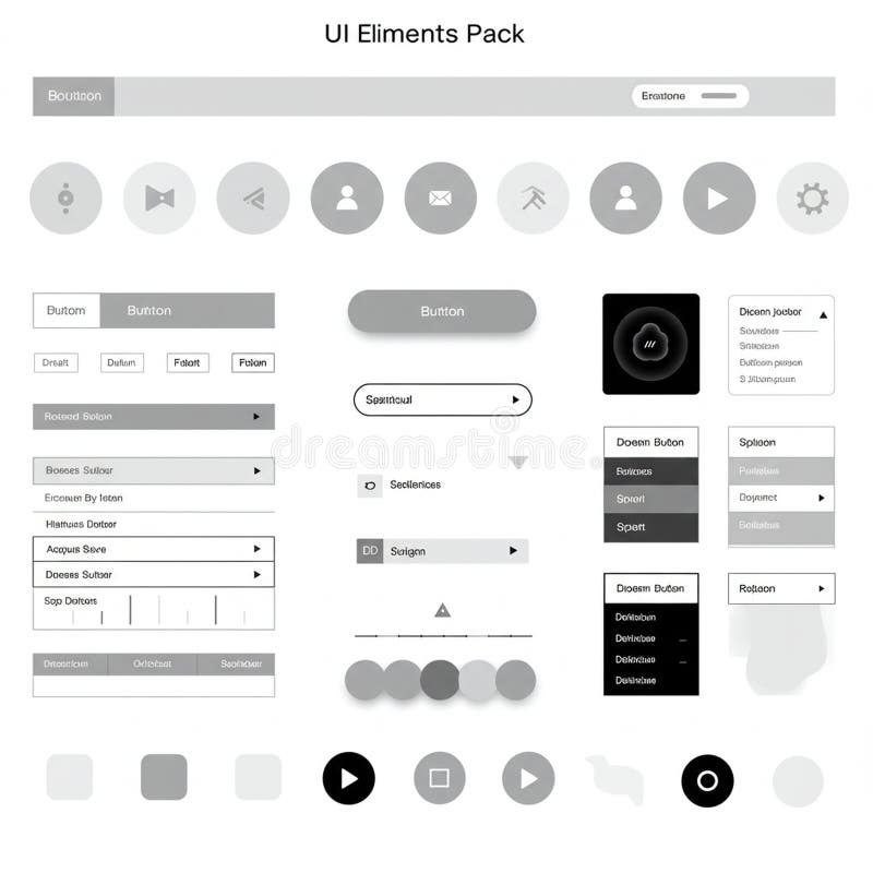 UI Elements Pack Featuring Various Design Components in Grayscale. Includes Circula Stock ...
