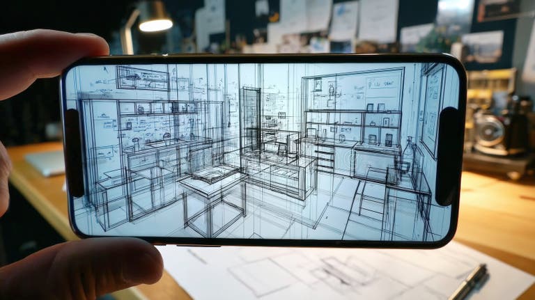 UI Layout Wireframe Displayed Above Smartphone in Augmented Reality ...