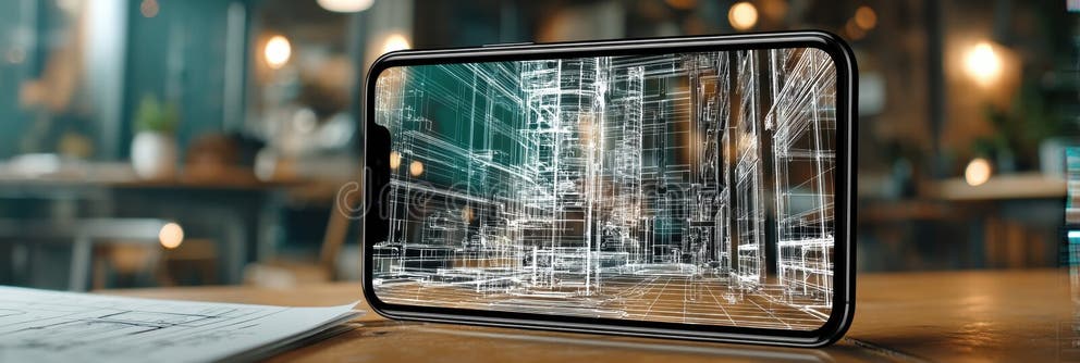 UI Layout Wireframe Displayed Above Smartphone in Augmented Reality Setting within a Modern ...