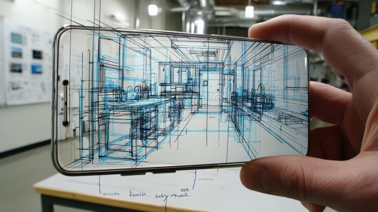 UI Layout Wireframe Overlaying Smartphone in Augmented Reality ...