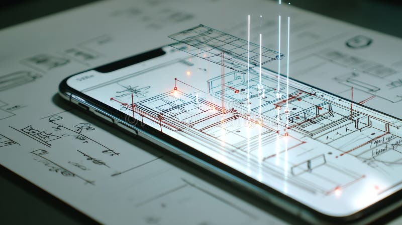 UI Layout Wireframe Projected on Smartphone Screen in Augmented Reality Workspace for Design ...