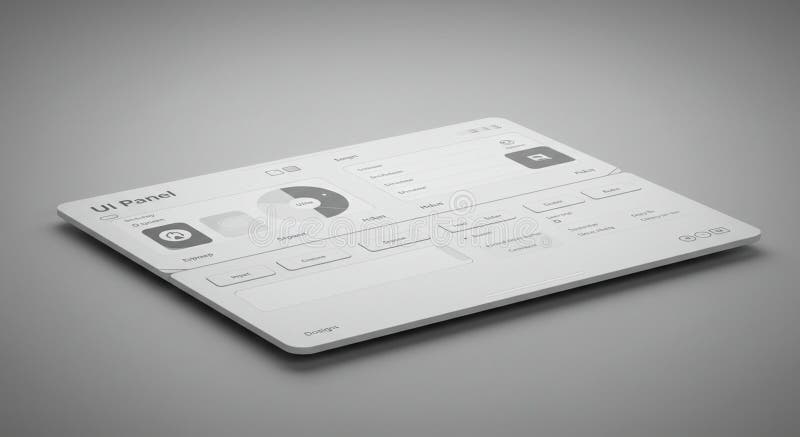 UI Panel Design Displayed in 3D Layout. Features Include Icons, Buttons ...