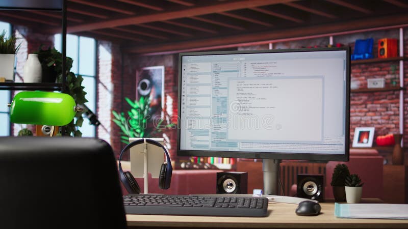 UI on PC Screen in Home Office with Programming Code Being Executed Stock Video - Video of ...