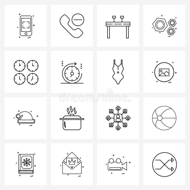 UI Set of 16 Basic Line Icons of Business, Clocks, Gym, Clock, Hardware ...