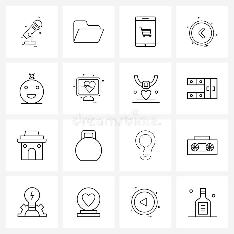 UI Set of 16 Basic Line Icons of Happy, Back, Online, Button, User ...