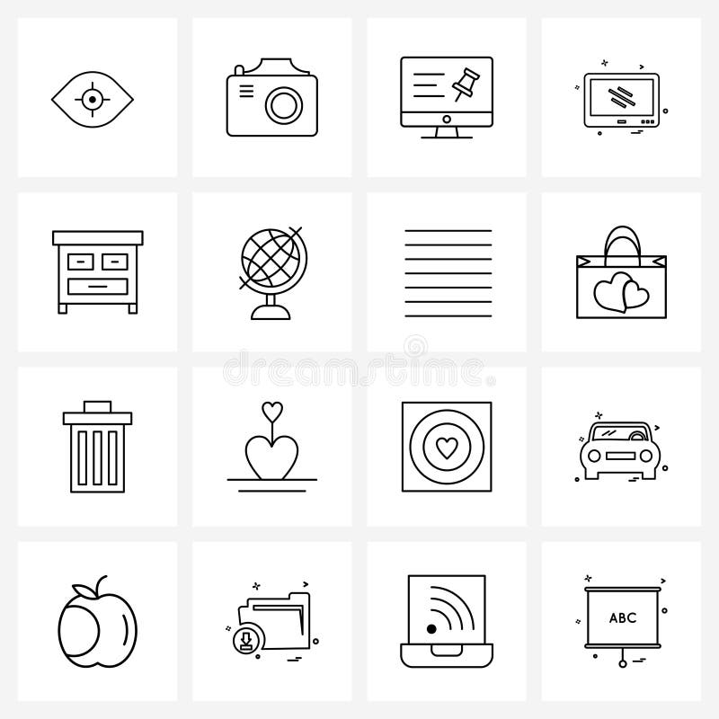 UI Set of 16 Basic Line Icons of Table, Desk, Computer, Monitor, Screen ...