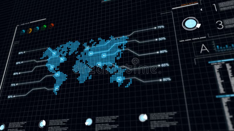 UI User Interface Dark Blue Background with World Map Graph Bar Pi and ...
