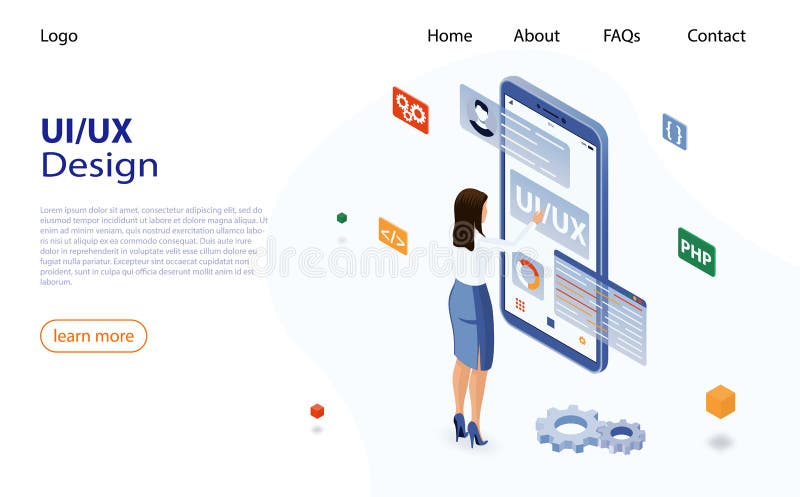 UI UX Design Vector Illustration Concept. UX UI Design Concept with Smartphone and Woman Stock ...