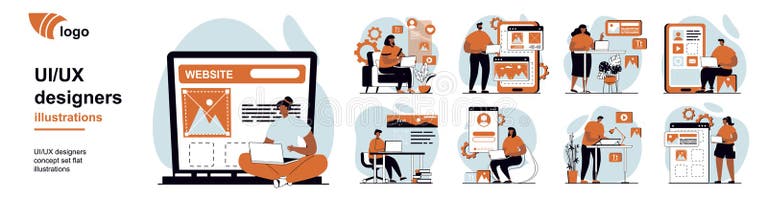 UI and UX Designers Concept with People Scenes Mega Set in Flat Web ...