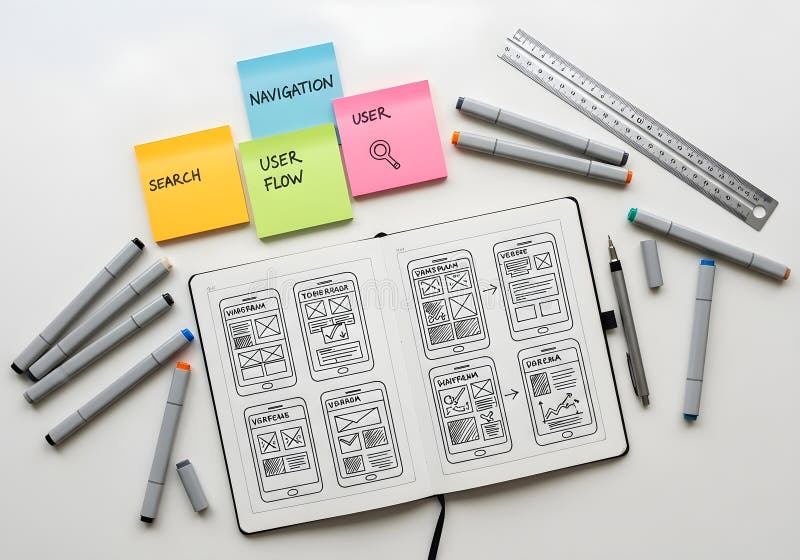 UI UX Wireframe Sketching Tools on White Table with Notebook, Ruler ...