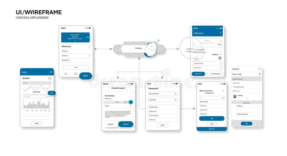 UI Wireframe for a Mobile App Design Featuring Seven Screens Connected ...