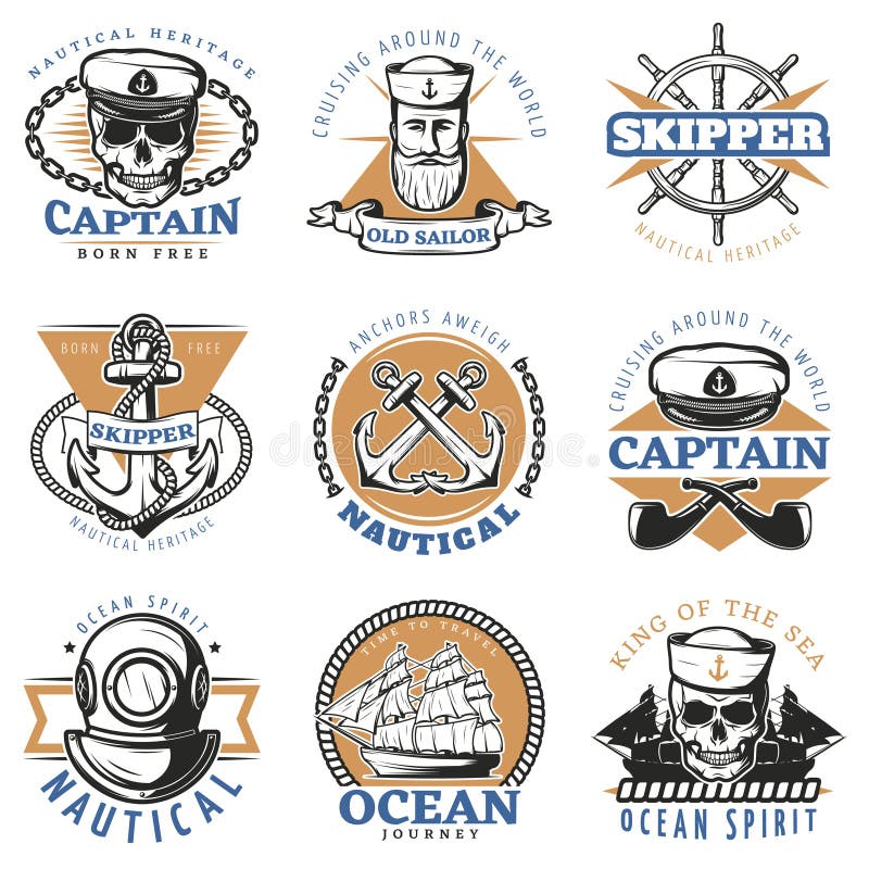 Uitstekende Zeeman Logo Set Vector Illustratie - Illustration of zeilen ...