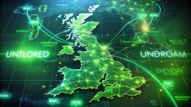 UK Administrative Map with DoubleExposed Green HUD Roads and Airports ...