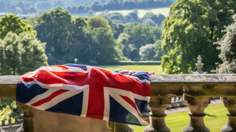UK Flag Draped Over Stone Wall with Countryside View Stock Illustration ...