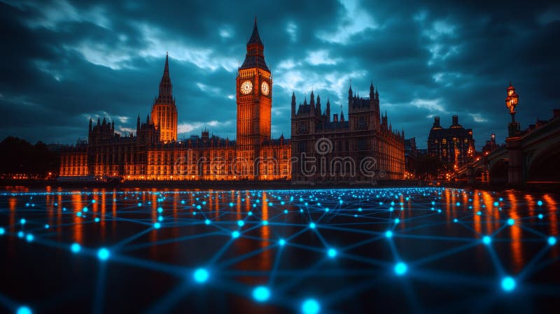 UK Parliament Building with Digital Network Overlay, Connectivity and ...