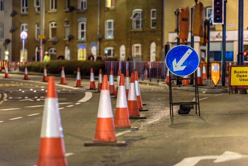 UK Road Services Roadworks Cones and Signs Stock Photo - Image of blur ...