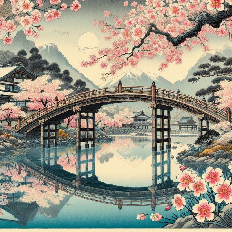 Ukiyo-e Artwork Featuring a Bridge Crossing Under Cherry Blossoms ...