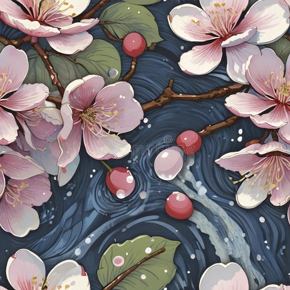 Ukiyo-e Inspired, Cherry Blossoms Cascade. Seamless Pattern. Stock Illustration - Illustration ...
