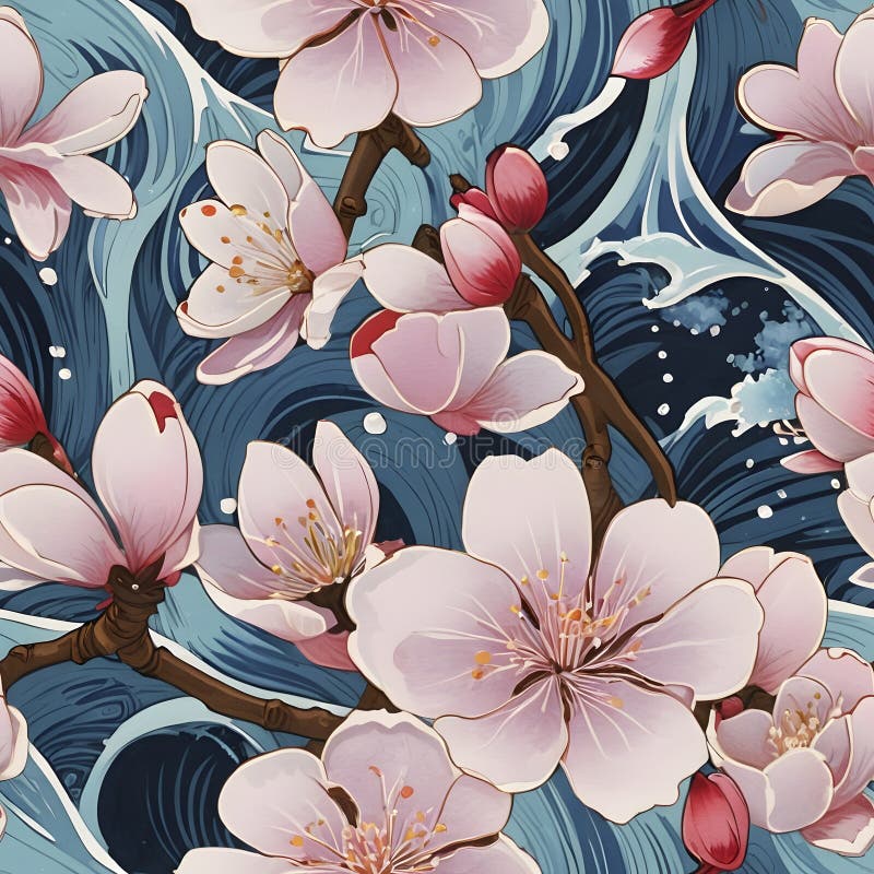 Ukiyo-e Inspired, Cherry Blossoms Cascade. Seamless Pattern. Stock Illustration - Illustration ...