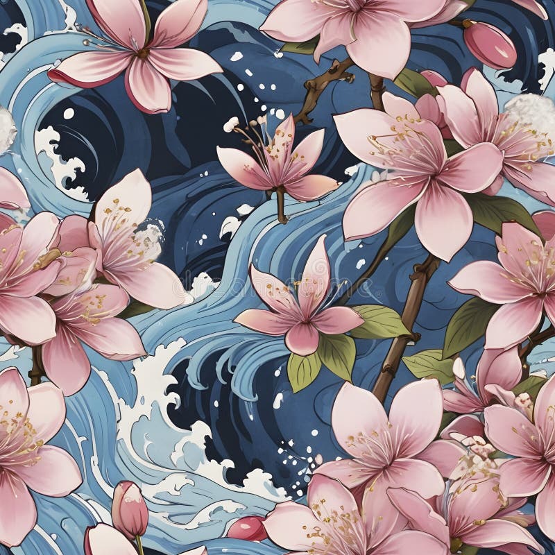 Ukiyo-e Inspired, Cherry Blossoms Cascade. Seamless Pattern. Stock ...