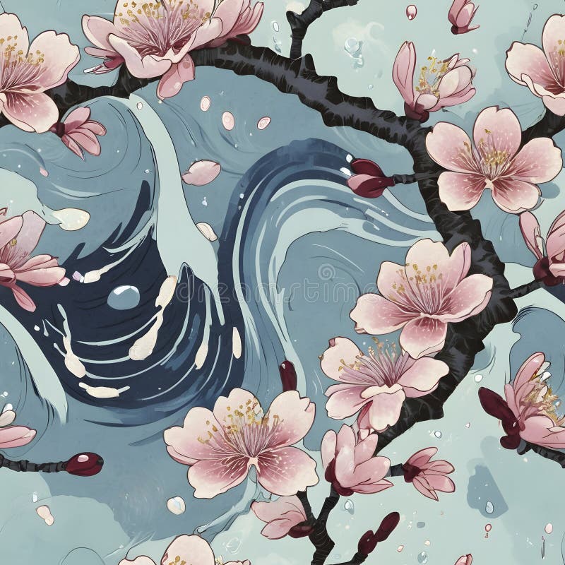 Ukiyo-e Inspired, Cherry Blossoms Cascade. Seamless Pattern. Stock ...