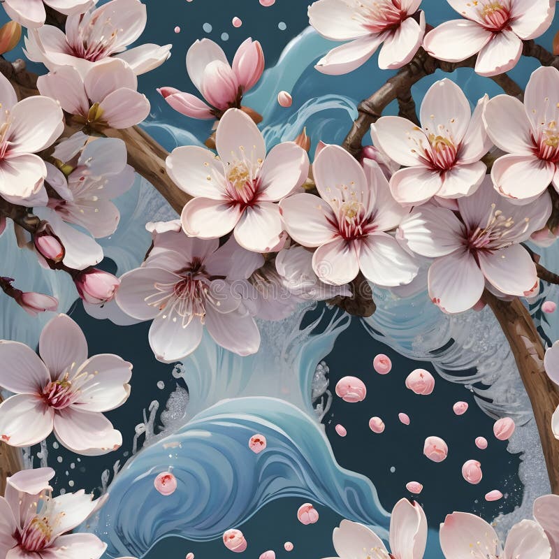 Ukiyo-e Inspired, Cherry Blossoms Cascade. Seamless Pattern. Stock Illustration - Illustration ...