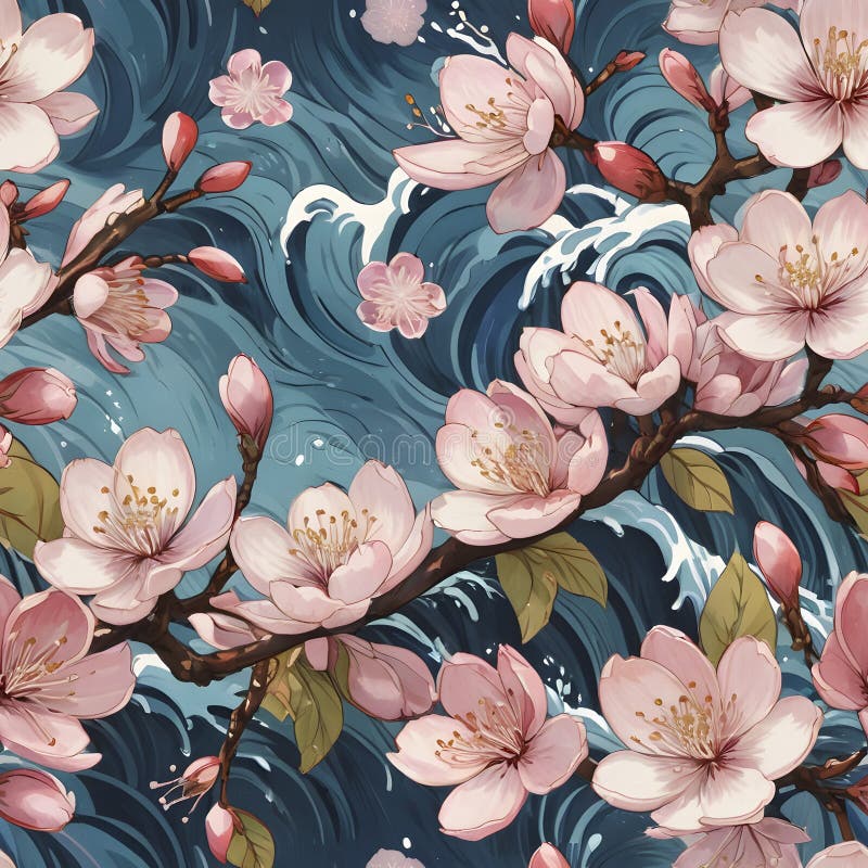 Ukiyo-e Inspired, Cherry Blossoms Cascade. Seamless Pattern. Stock ...