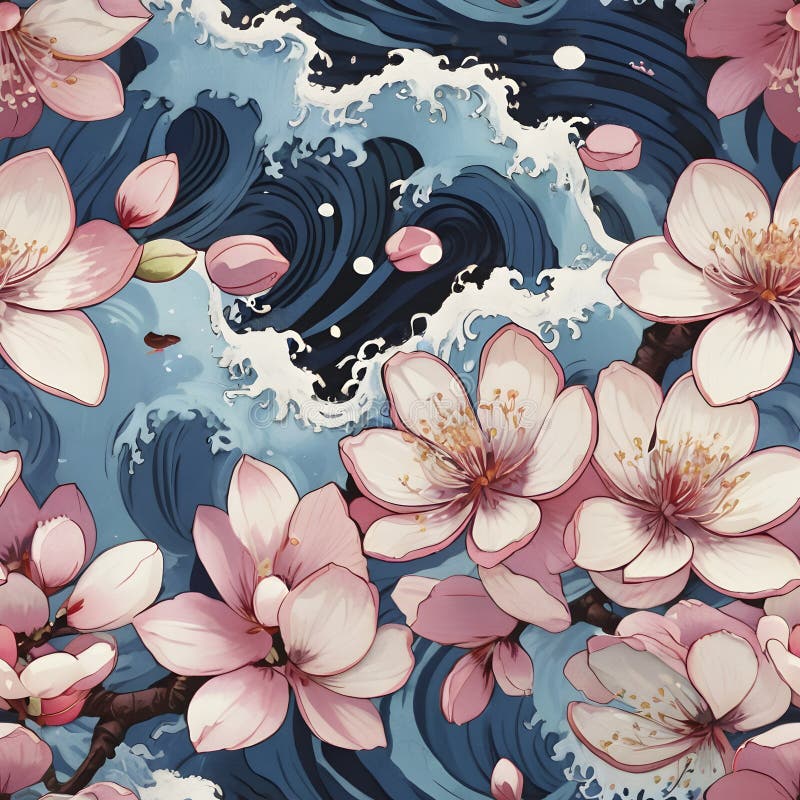 Ukiyo-e Inspired, Cherry Blossoms Cascade. Seamless Pattern. Stock Illustration - Illustration ...