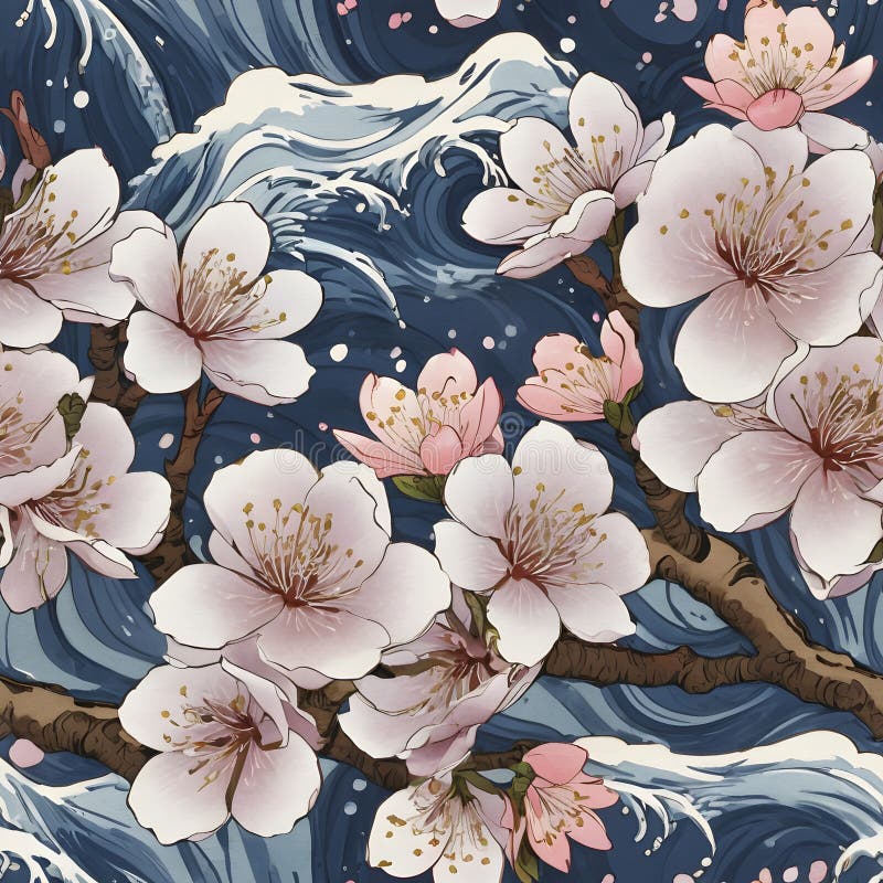 Ukiyo-e Inspired, Cherry Blossoms Cascade. Seamless Pattern. Stock Illustration - Illustration ...