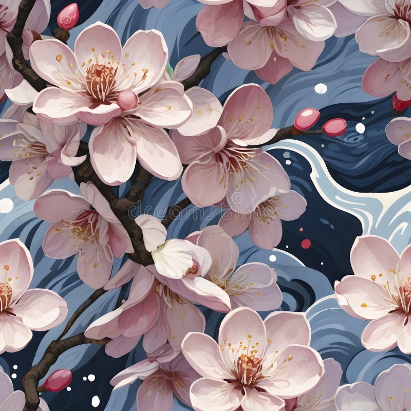 Ukiyo-e Inspired, Cherry Blossoms Cascade. Seamless Pattern. Stock Illustration - Illustration ...
