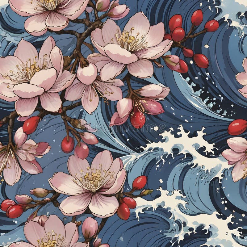 Ukiyo-e Inspired, Cherry Blossoms Cascade. Seamless Pattern. Stock ...