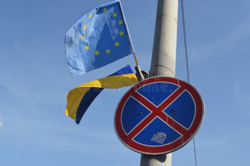 Ukraine and the European Union and the Road Sign Stock Photo - Image of ...