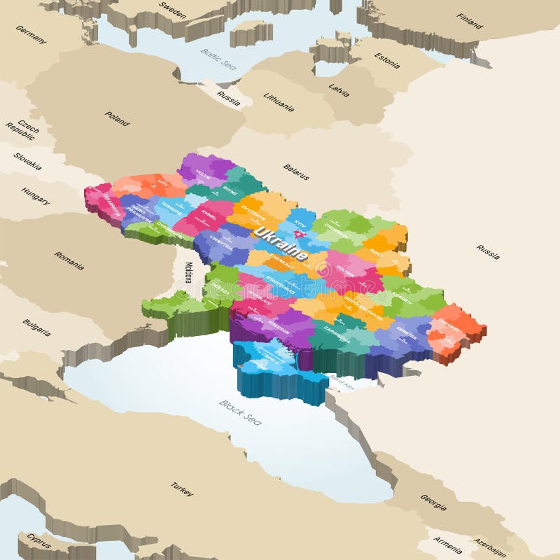 Ukraine Isometric Vector Map Colored by Administrative Divisions ...